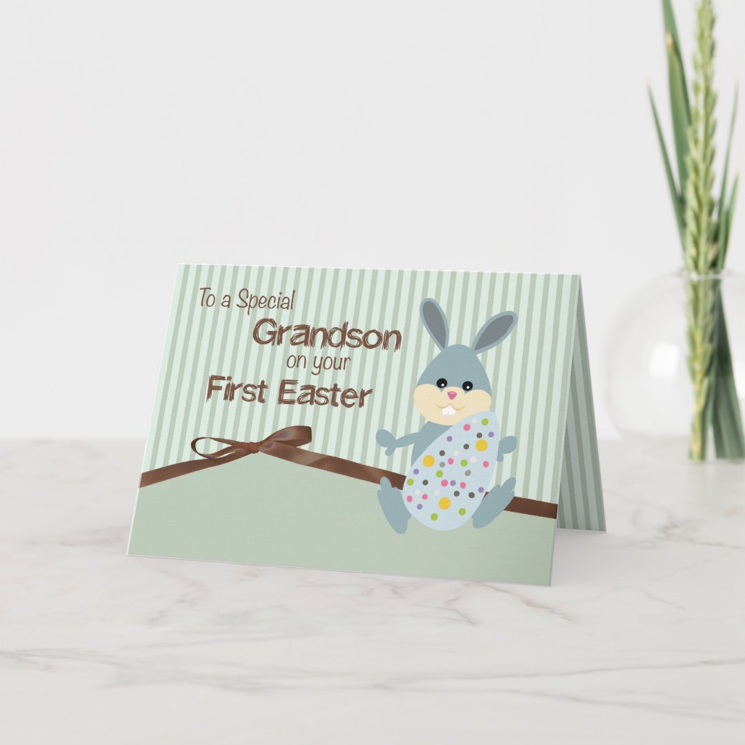 Grandson First Easter, Bunny Ribbon on Stripes Holiday Card | Zazzle