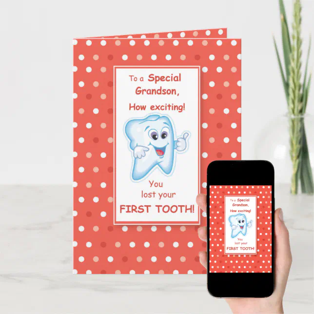 Grandson Lost First Tooth Congratulations, Orange Card | Zazzle