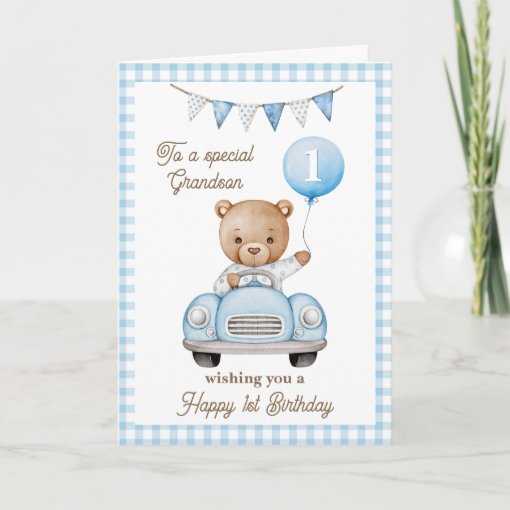 Grandson's First Birthday Teddy Bear Greeting Card | Zazzle