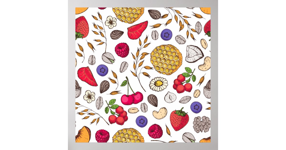 Granola, muesli seamless pattern. Oat flakes hand Poster | Zazzle