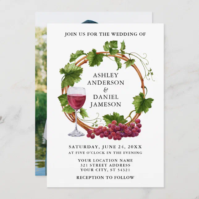 Grape Vines Watercolor Wreath Photo Wedding Invitation | Zazzle