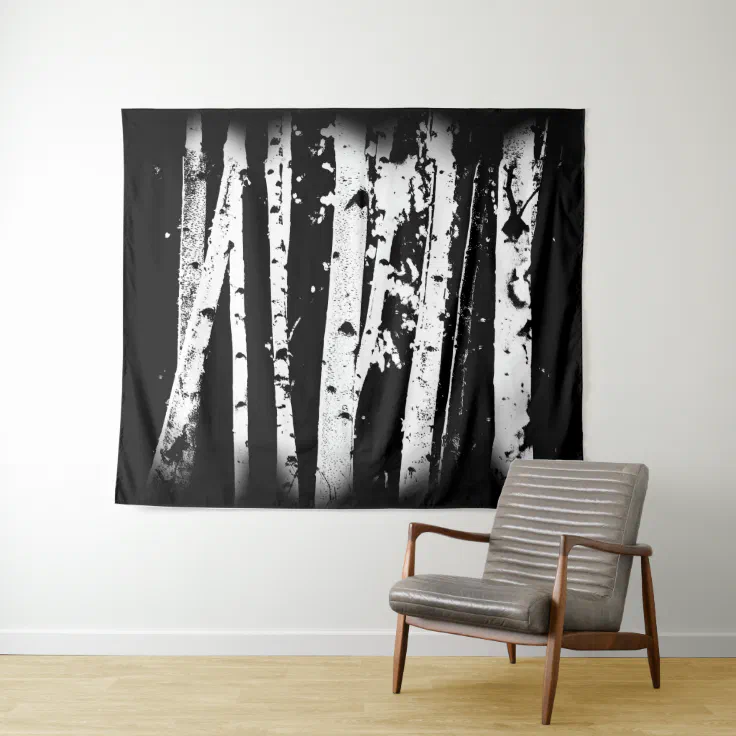 Graphic Black and White Birch Tree Forest Rustic Tapestry | Zazzle