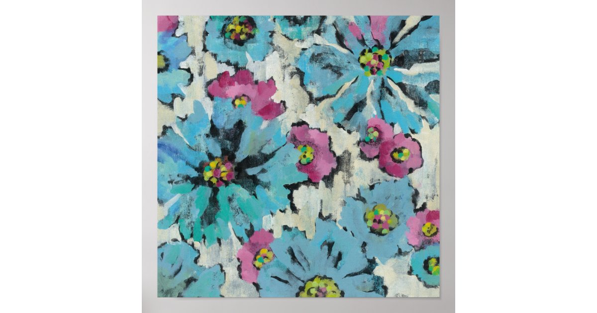 Graphic Pink and Blue Floral Poster | Zazzle