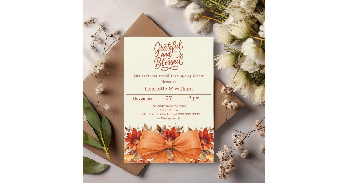 Grateful blessed bow floral orange Thanksgiving Invitation | Zazzle