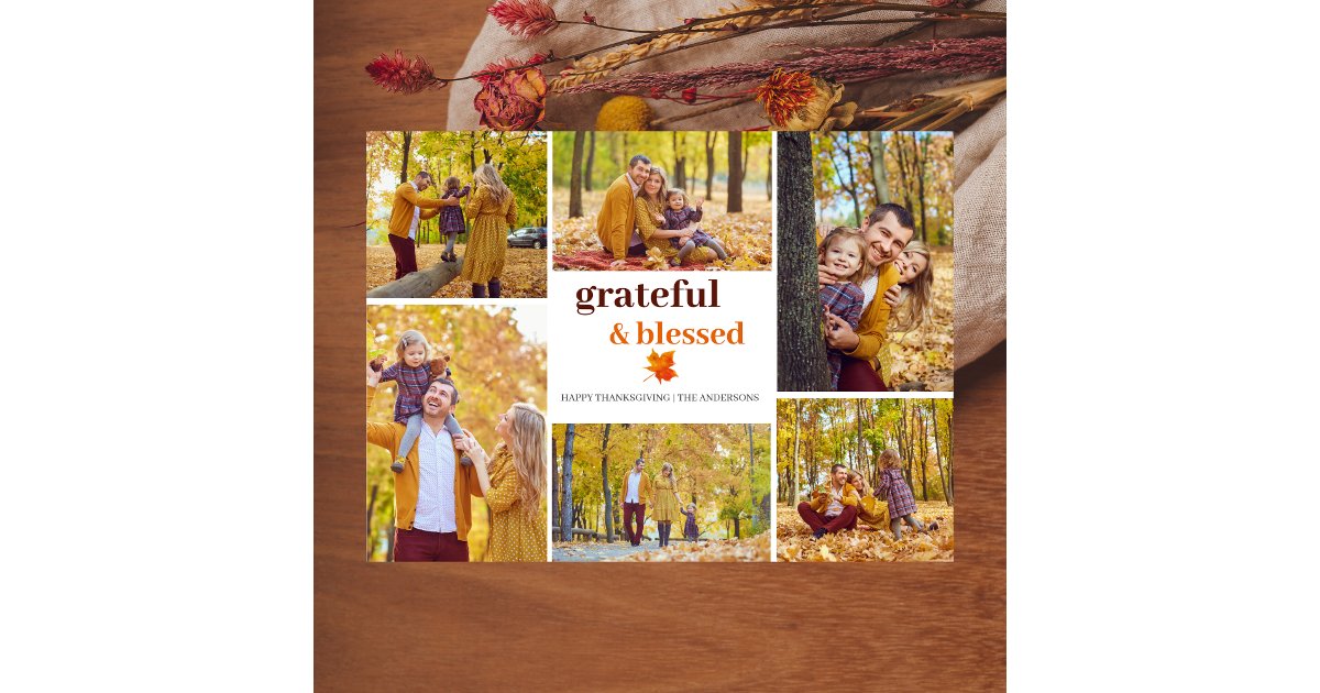 Grateful & Blessed Fall thanksgiving family photo Holiday Card | Zazzle