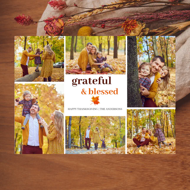 Grateful & Blessed Fall thanksgiving family photo Holiday Card | Zazzle