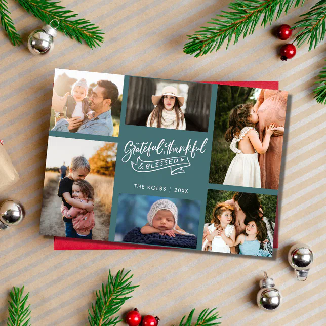 Grateful Blessed Family Photo Teal Plaid Christmas Holiday Card | Zazzle