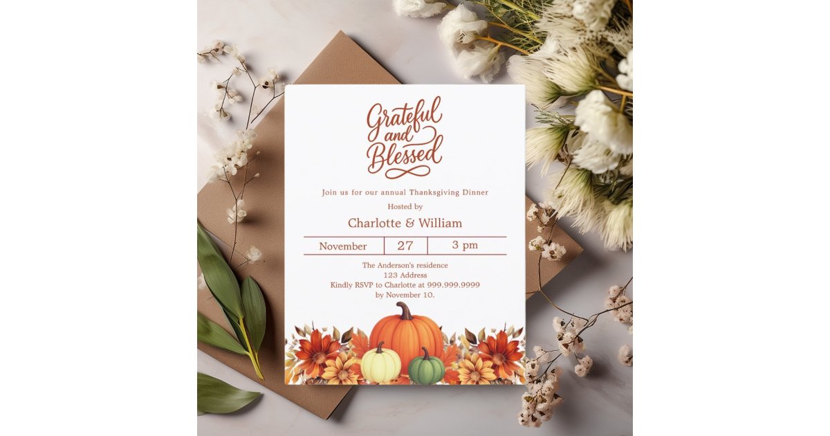 Grateful blessed Thanksgiving Dinner invitation | Zazzle