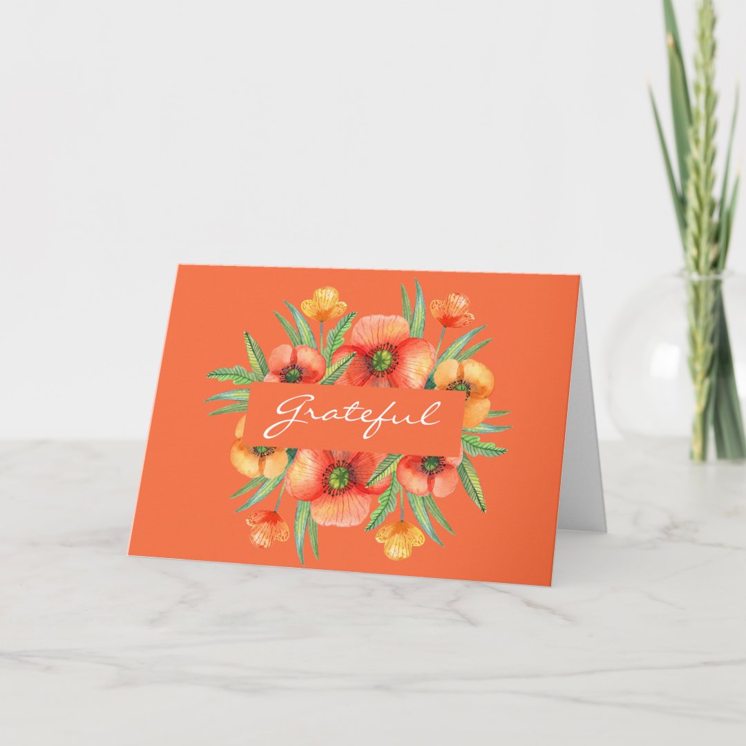Grateful Floral Orange Thanksgiving Holiday Card | Zazzle