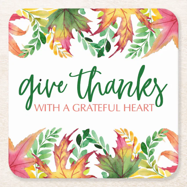 Grateful Heart Autumn Leaves Thanksgiving Border Square Paper Coaster ...