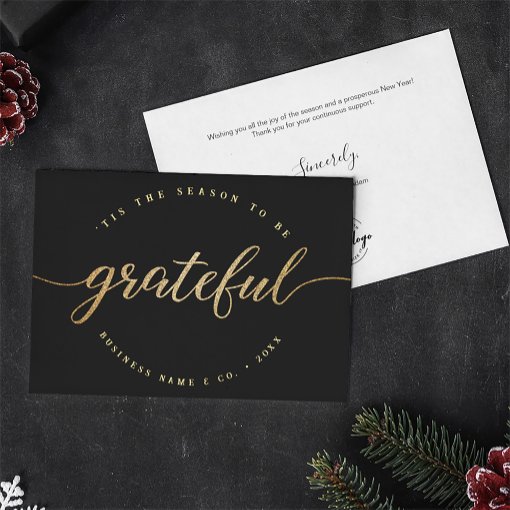 Grateful Modern Script Business Logo Corporate Holiday Card | Zazzle