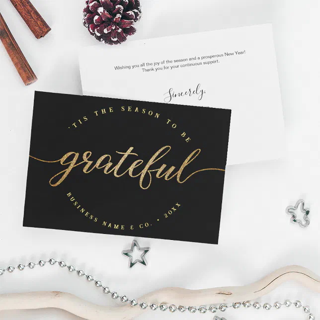 Grateful Modern Script Business Logo Corporate Holiday Card | Zazzle
