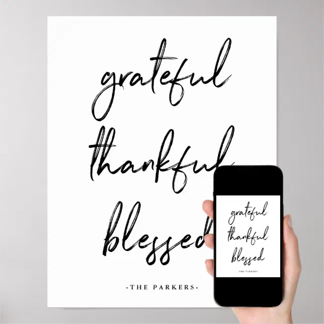 Grateful Thankful Blessed | Handwritten Script Poster | Zazzle