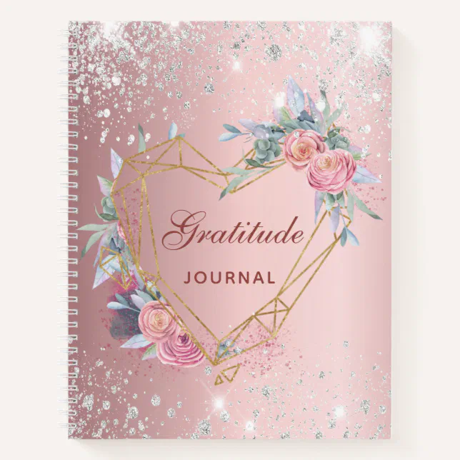 Gratitude journal blush pink floral silver glitter | Zazzle