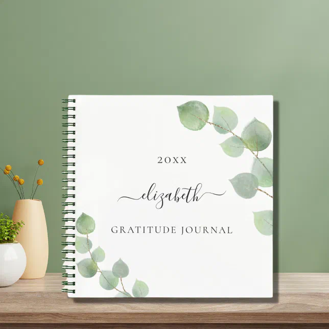 Gratitude journal eucalyptus greenery script | Zazzle