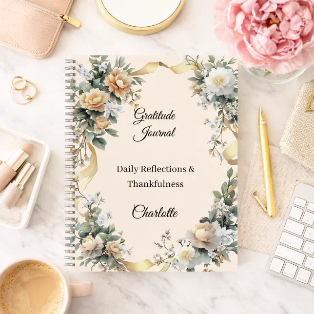 Gratitude journal gold ribbon yellow cream florals | Zazzle