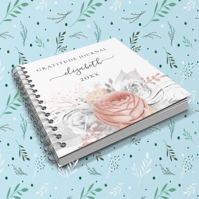 Gratitude journal rose gold floral silver foliage | Zazzle
