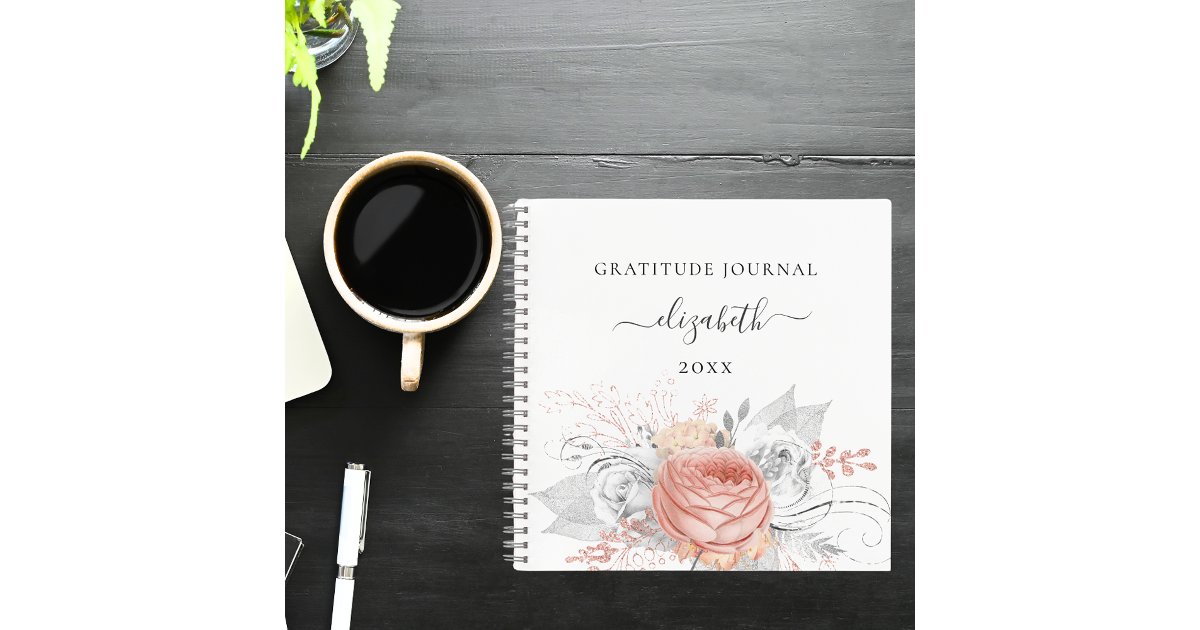 Gratitude journal rose gold floral silver foliage | Zazzle