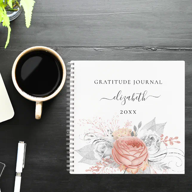 Gratitude journal rose gold floral silver foliage | Zazzle