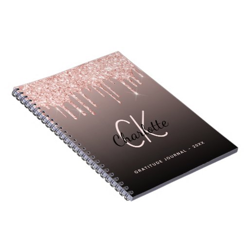Gratitude Journal rose gold glitter black monogram | Zazzle