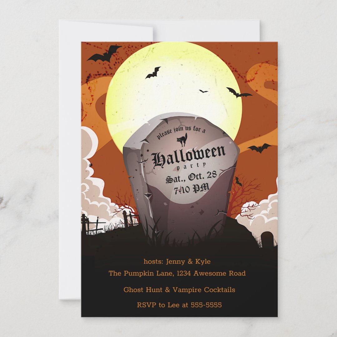 Gravestone Full Moon Halloween Invitation | Zazzle