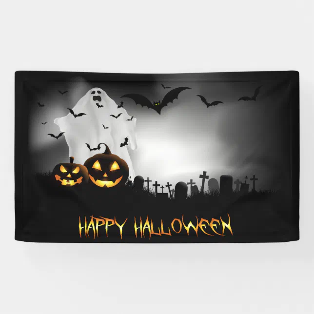 Graveyard, Ghost, Pumpkins and Bats Halloween Banner | Zazzle
