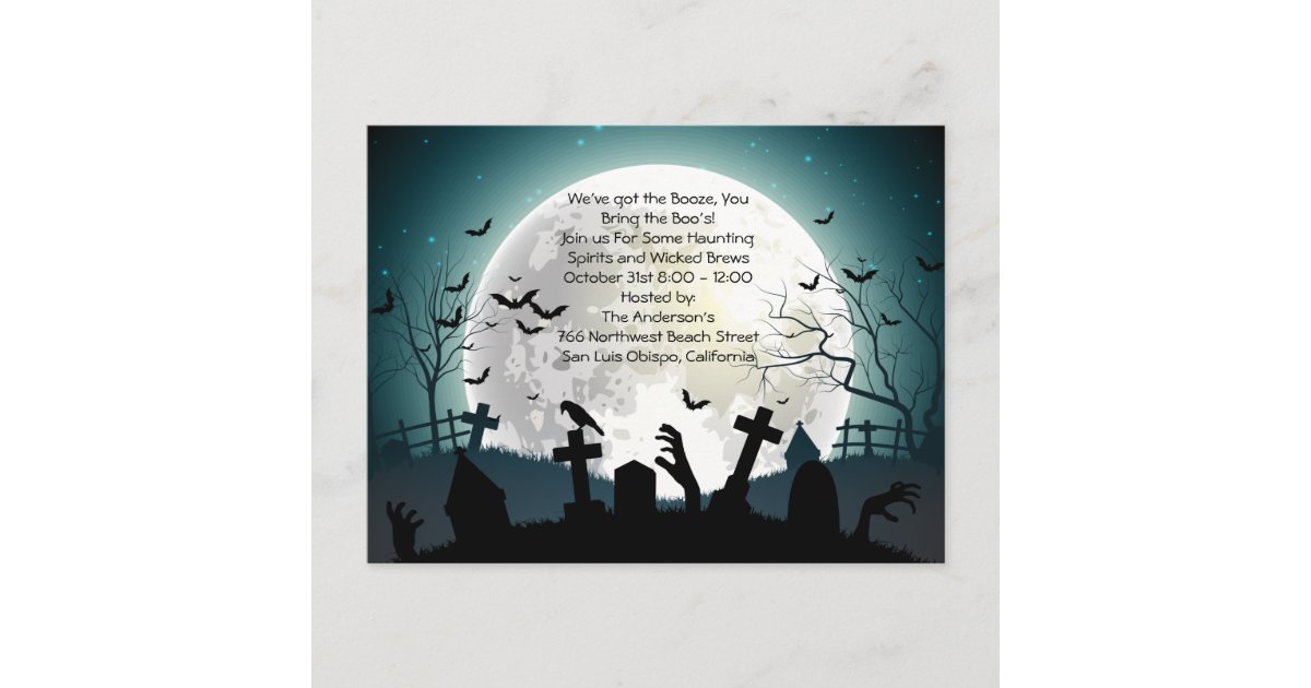 Graveyard Scene Halloween Party Invitation Postcard | Zazzle