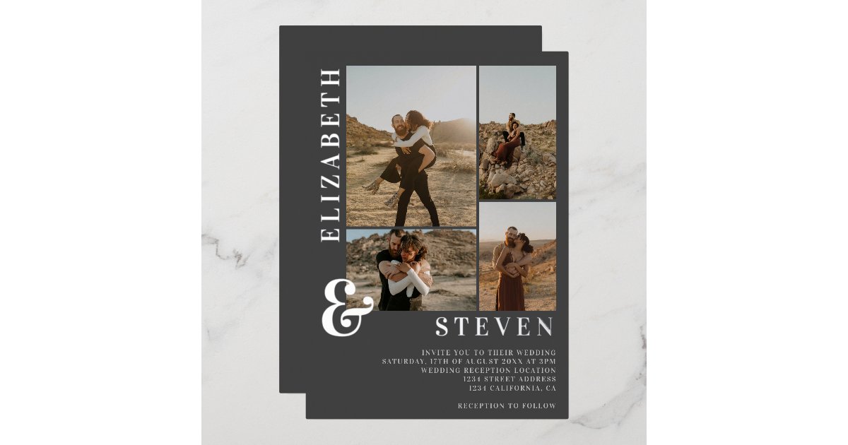 Gray ampersand 4 photo grid wedding foil invitation | Zazzle