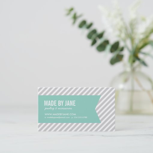 Gray and Aqua Modern Stripes and Ribbon Business Card | Zazzle