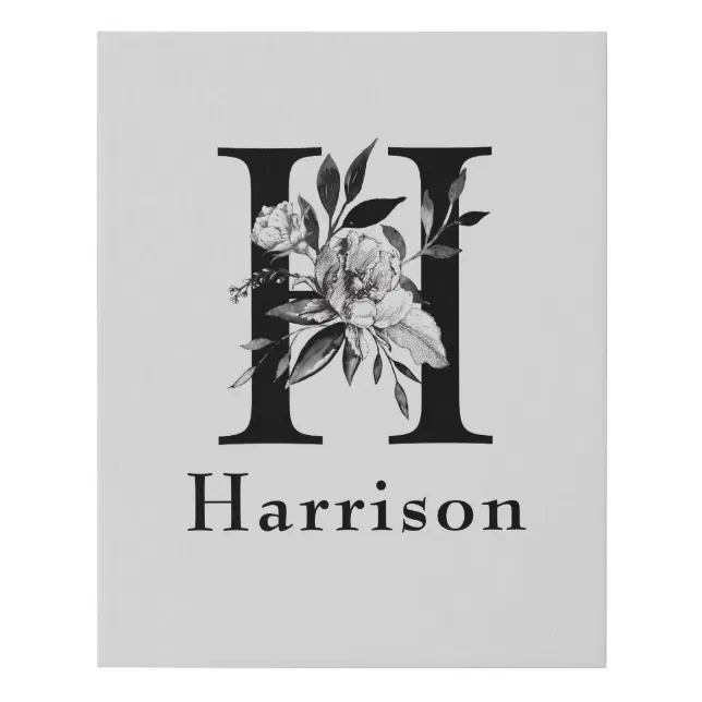 Gray and Black Floral Monogram Letter H Custom Faux Canvas Print | Zazzle