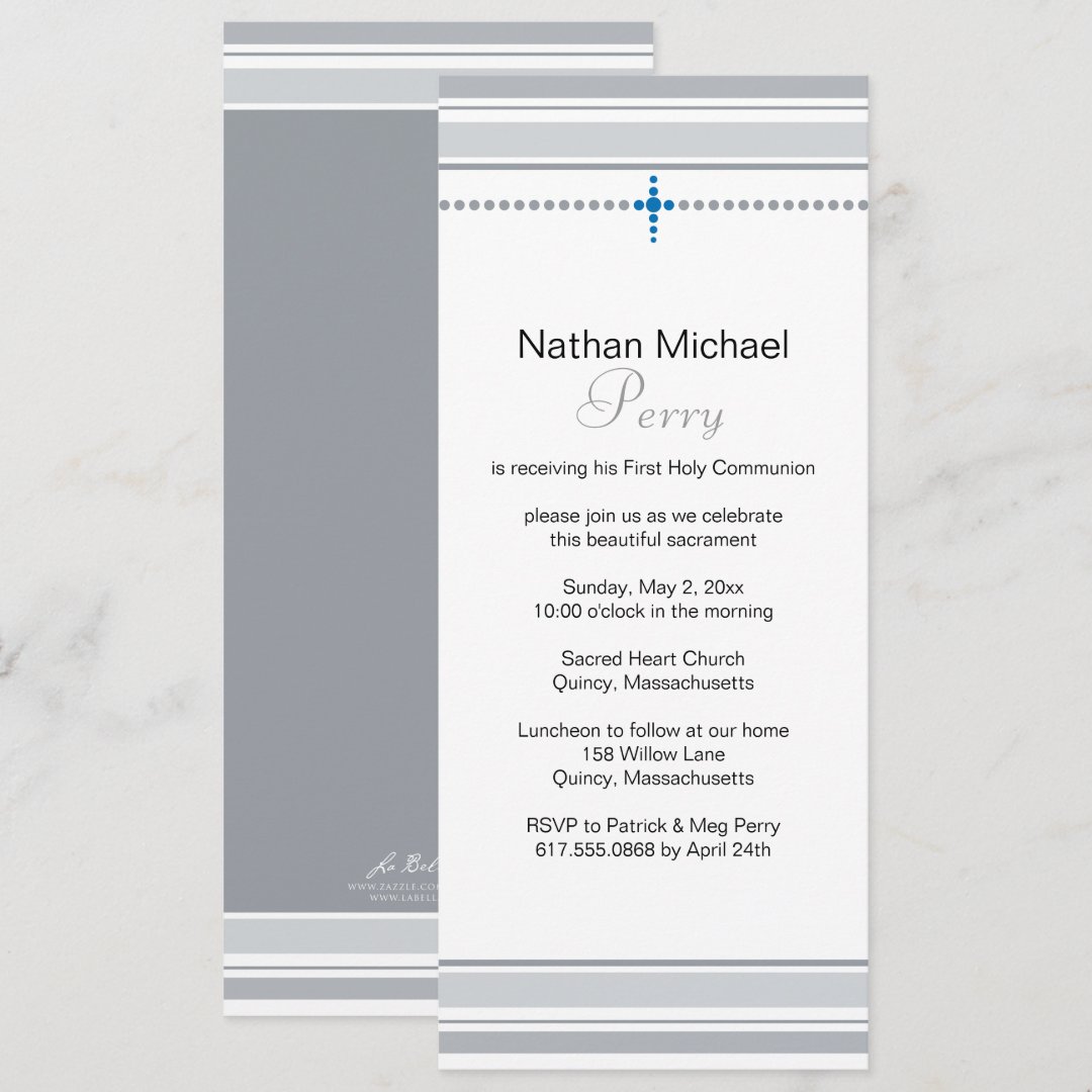 Gray and Blue Cross First Communion Invitation | Zazzle