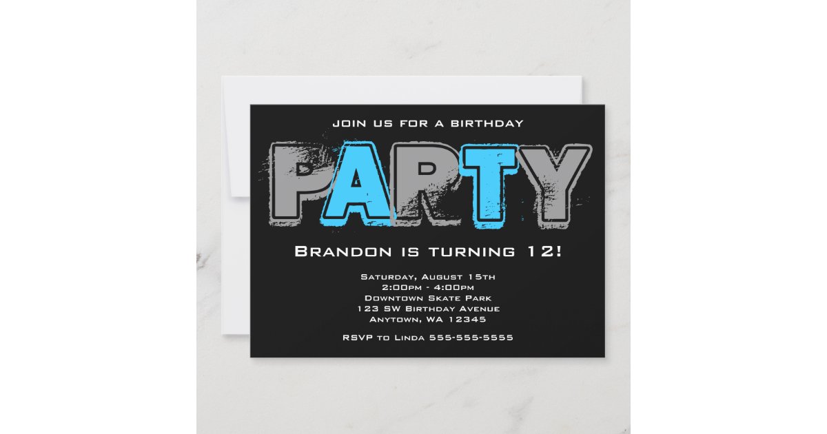 Gray and Blue Grunge Birthday Party Invitation | Zazzle