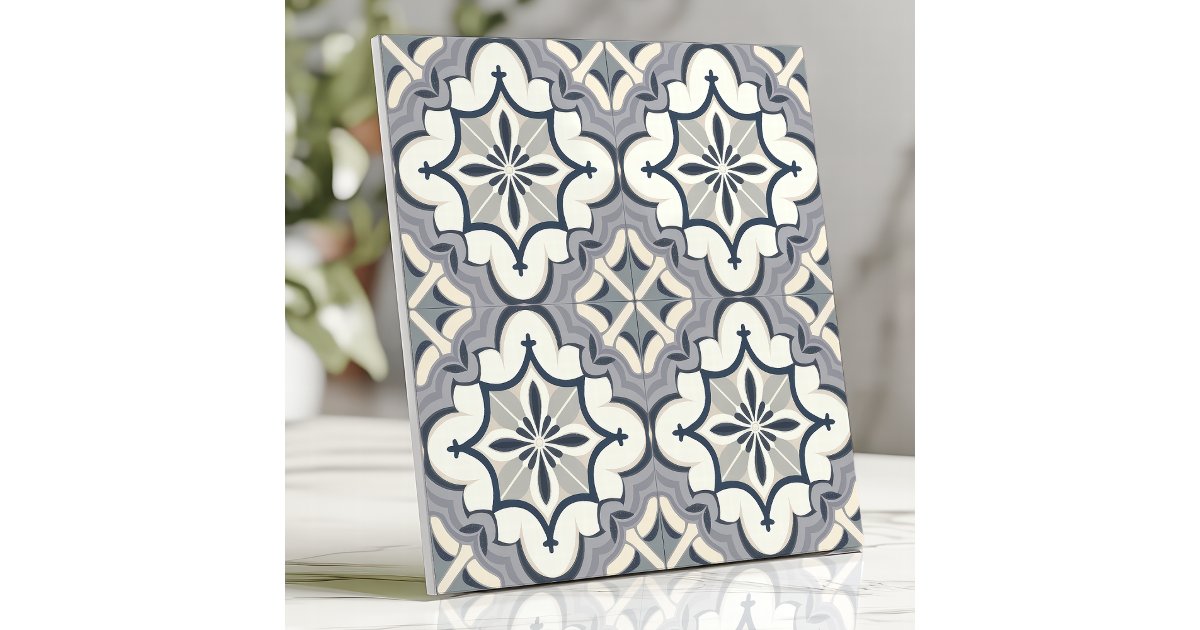 Gray and Cream Geometric Floral Ceramic Tile | Zazzle