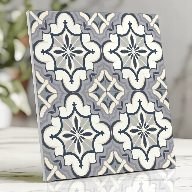 Gray and Cream Geometric Floral Ceramic Tile | Zazzle