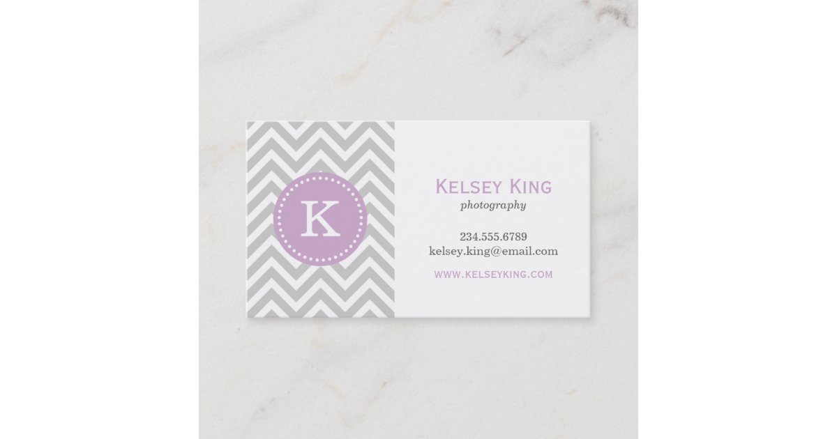 Gray and Lilac Purple Chevron Custom Monogram Business Card | Zazzle