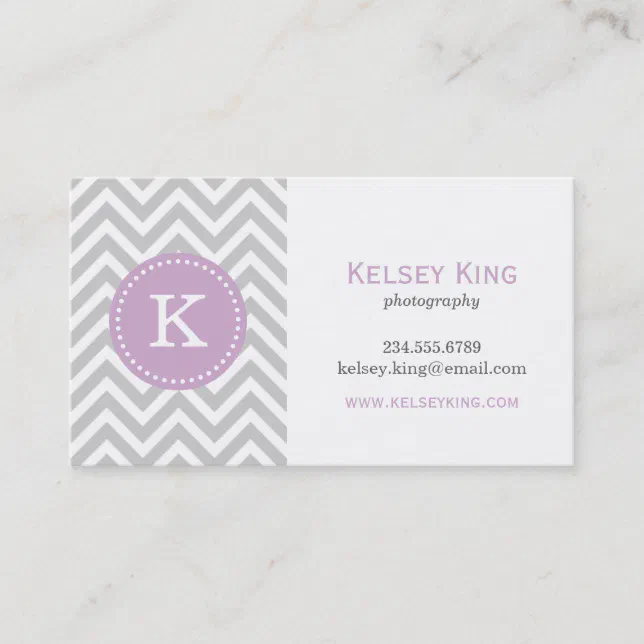 Gray and Lilac Purple Chevron Custom Monogram Business Card | Zazzle