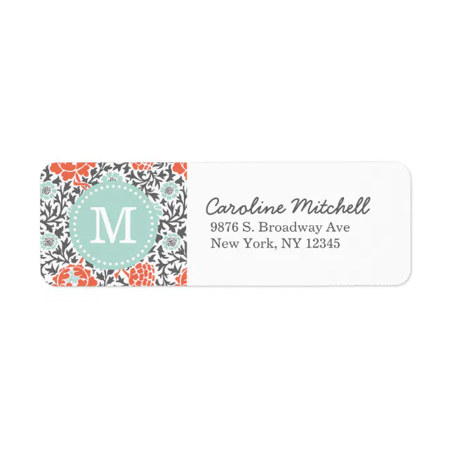 Gray and Mint Retro Floral Damask Custom Monogram Label | Zazzle