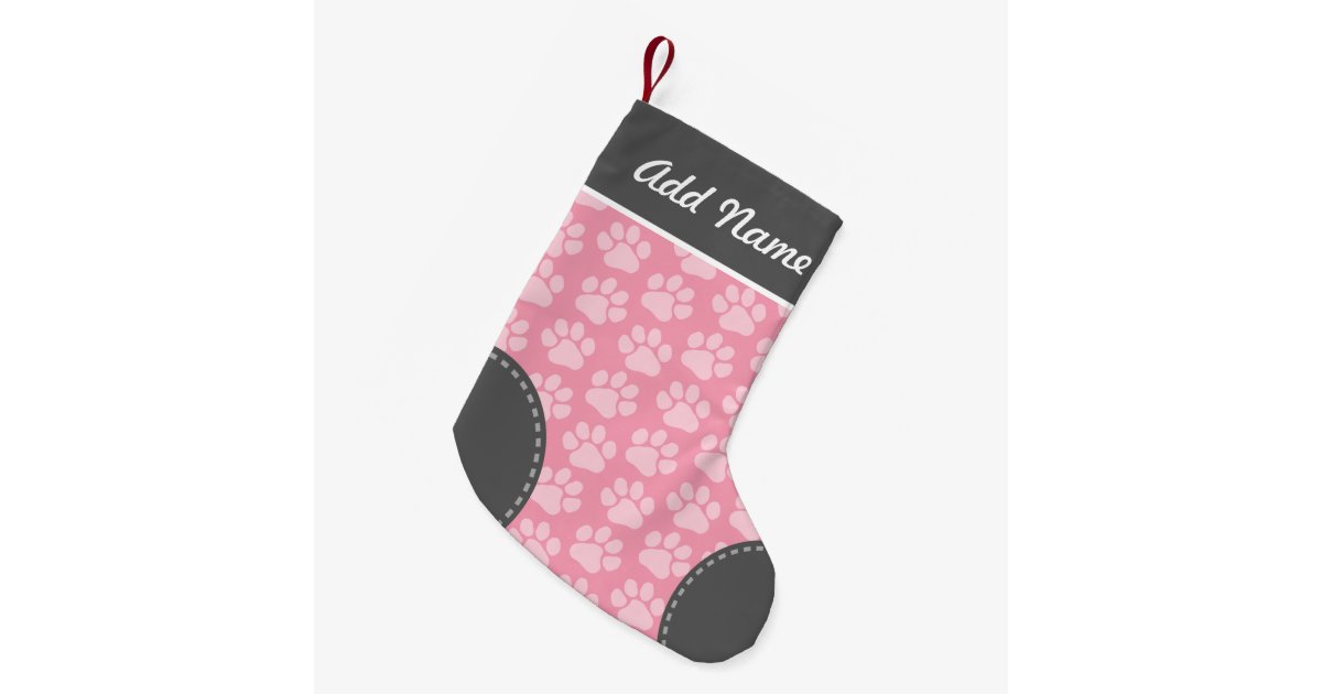 Gray and Pink Dog Paw Print Pattern Custom Name Small Christmas ...