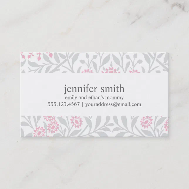 Gray and Pink Floral Damask Pattern Calling Card | Zazzle