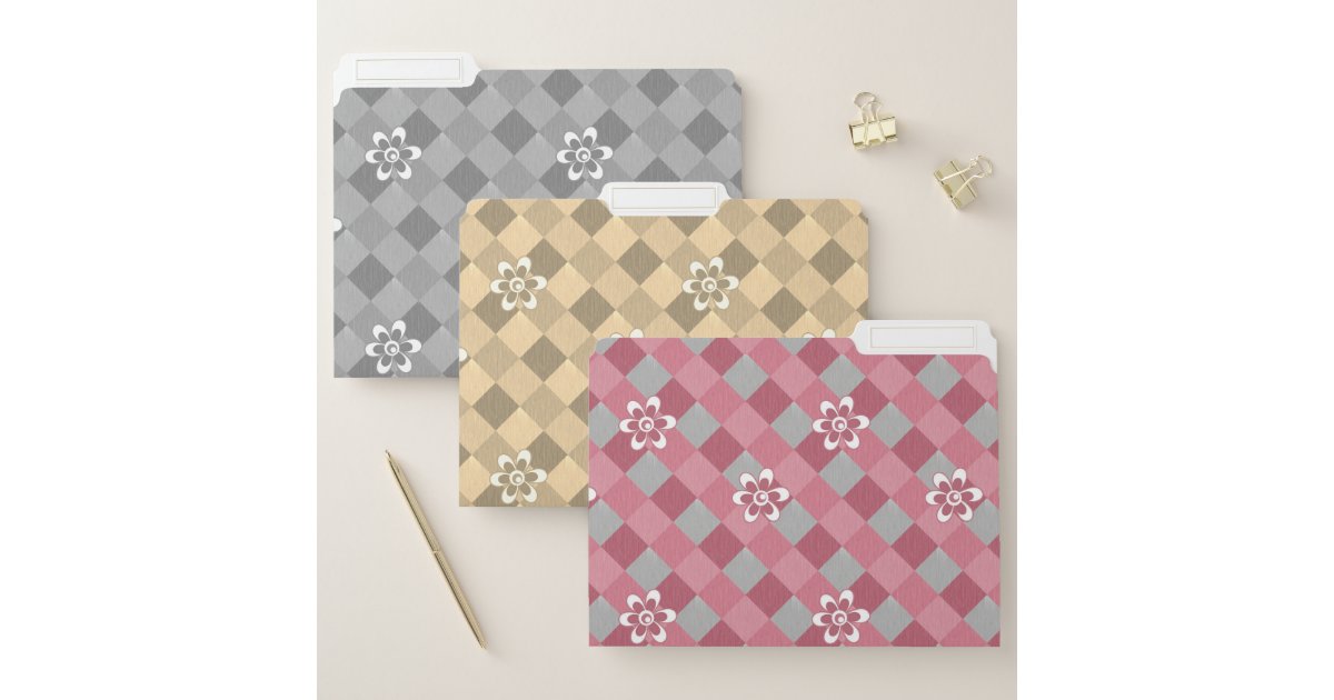 Gray and pink plaid with chamomile flowers file folder | Zazzle