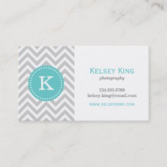 Gray and Turquoise Chevron Custom Monogram Business Card | Zazzle