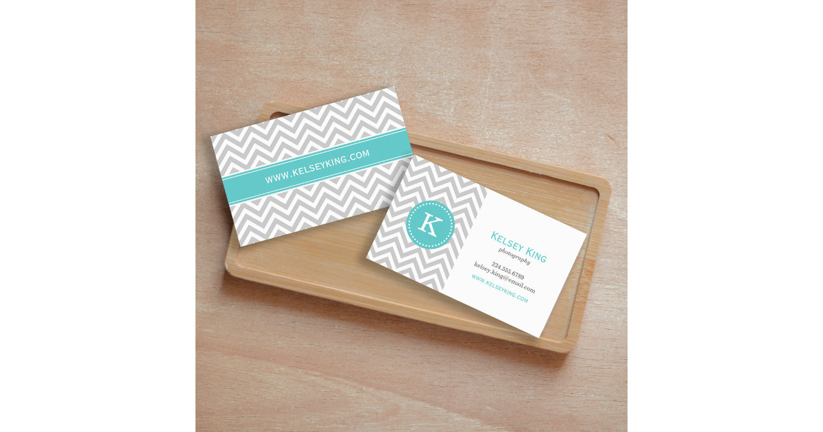Gray and Turquoise Chevron Custom Monogram Business Card | Zazzle