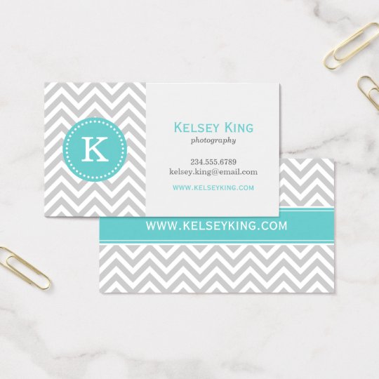 Gray and Turquoise Chevron Custom Monogram Business Card | Zazzle.com