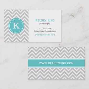 Gray and Turquoise Chevron Custom Monogram Business Card | Zazzle