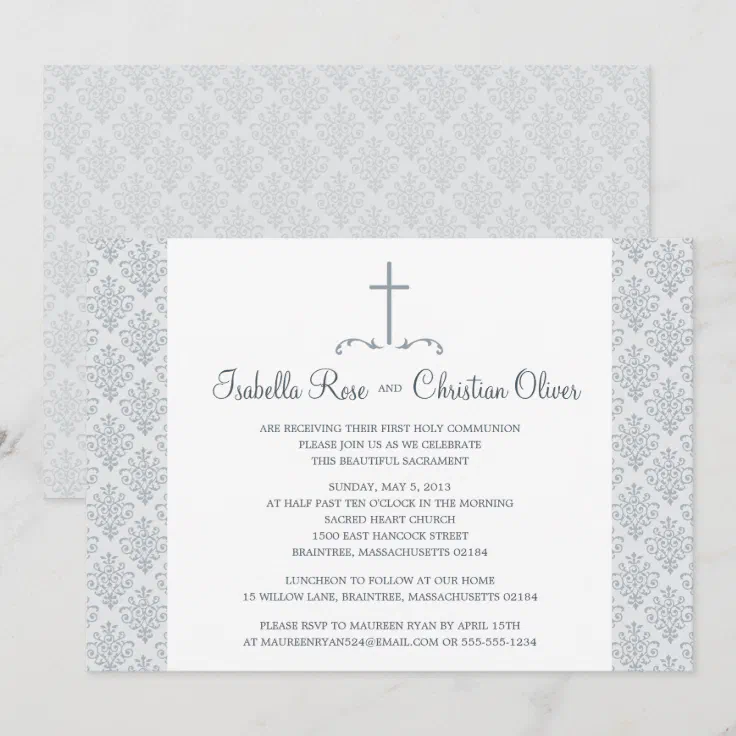 Gray and White Damask First Communion Invitation | Zazzle