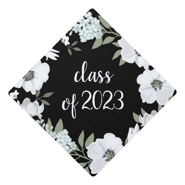Gray and White Flowers on Black | Class of 2023 Graduation Cap Topper ...