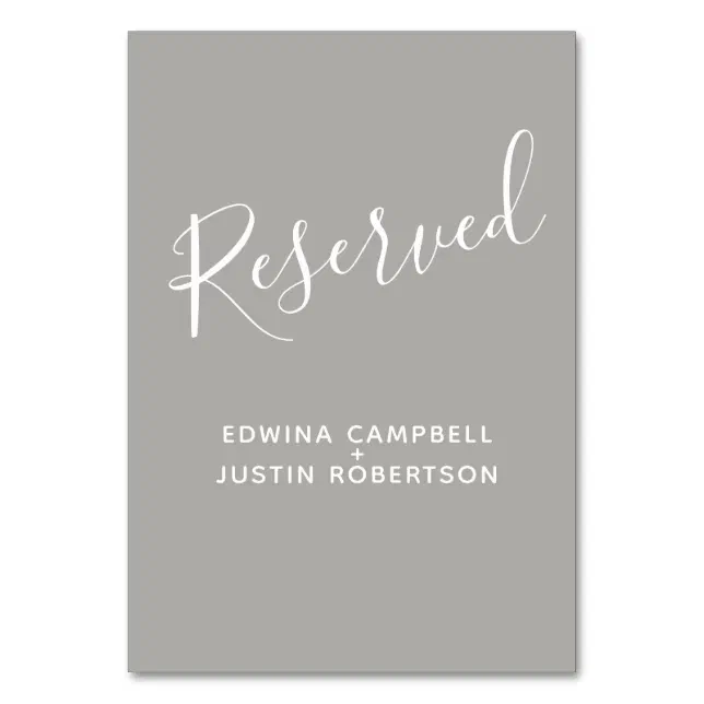 Gray and white script text table reserved table number | Zazzle