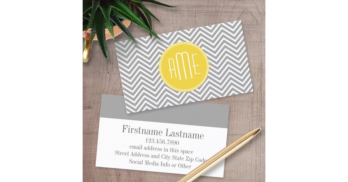 Gray and Yellow Chevrons Custom Monogram Business Card | Zazzle