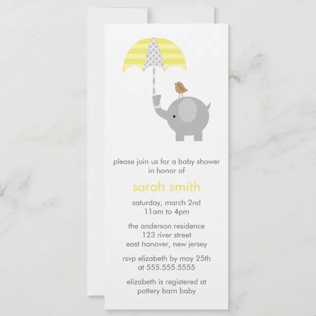 Gray and Yellow Elephant Baby Shower Invitation | Zazzle
