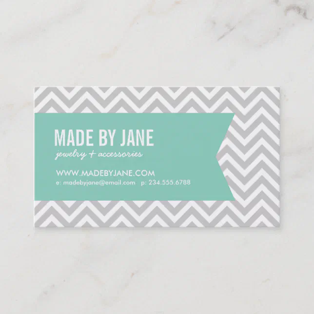 Gray & Aqua Modern Chevron & Ribbon Business Card | Zazzle